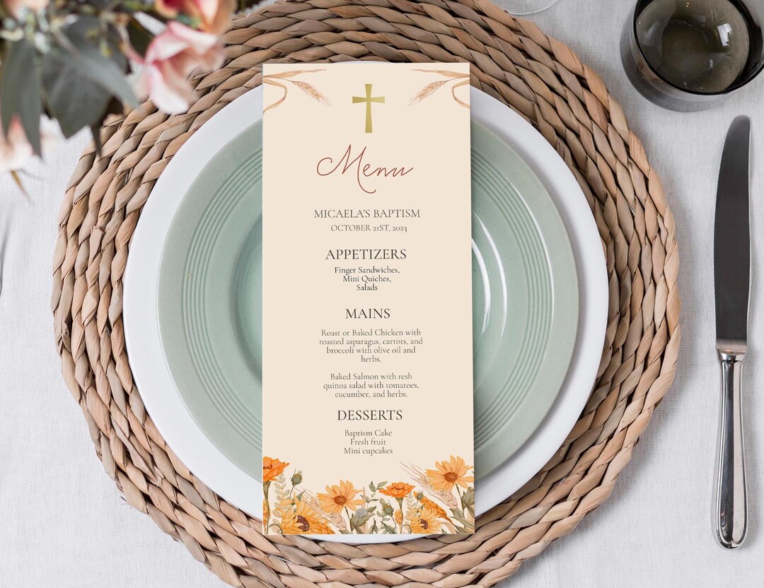 Editable Sunflower Baptism Menu Template, Autumn Christening Menu ...