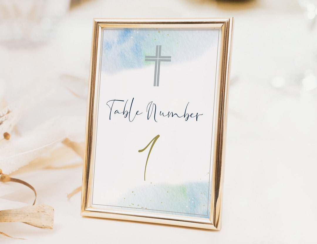 Editable First Communion Table Numbers, Blue Watercolor Religious Table ...