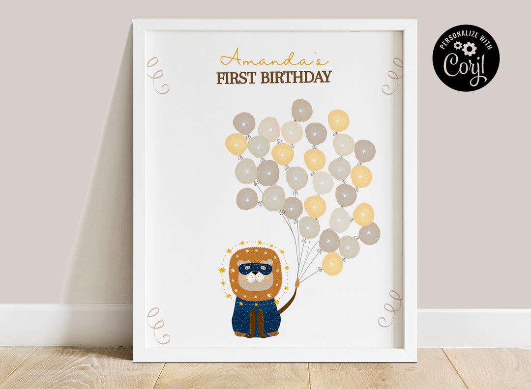 Lion Balloons Fingerprint Tree Template, Editable Lion Signature Tree ...