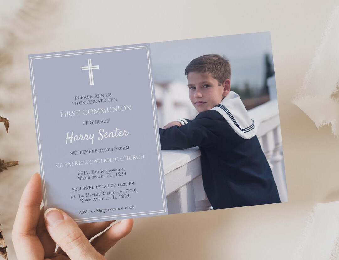 First Communion Photo Invitation for Boy, Modern First Communion ...