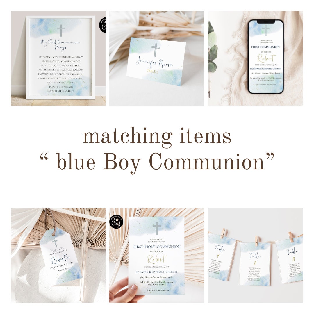 Blue Watercolor First Holy Communion Invitation, Editable Modern Blue ...