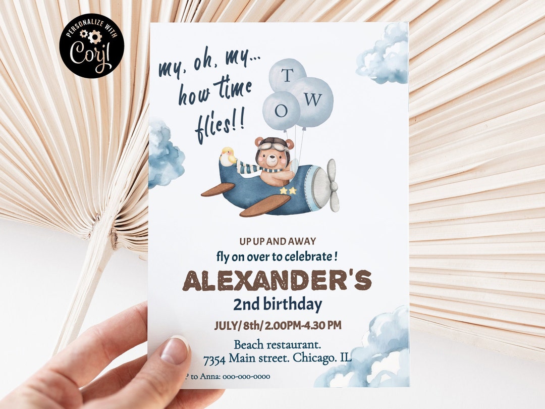 How Time Flies 2nd Birthday Invitation, Teddy Bear Adventure Invite ...