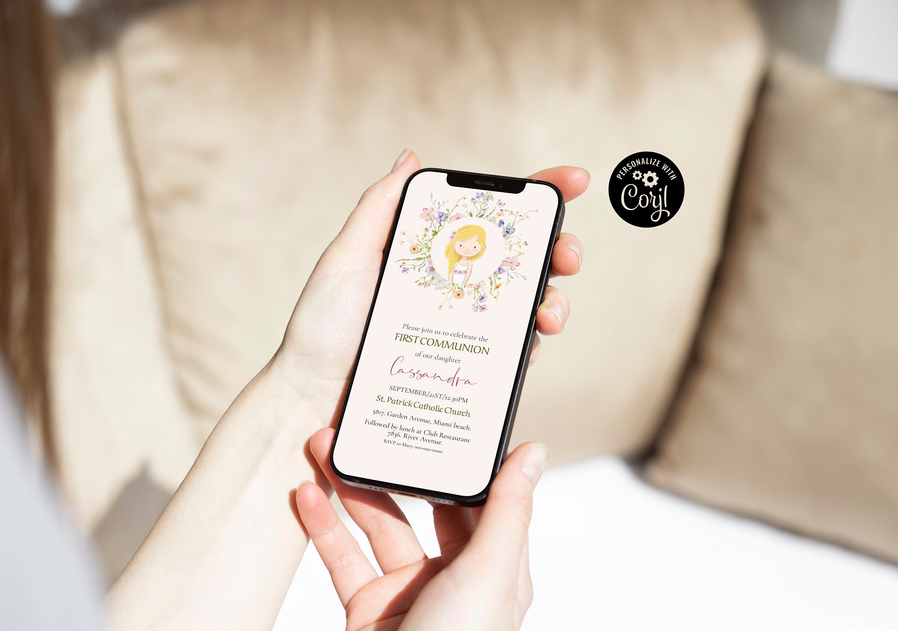 Floral Holy Communion Digital Invitation for Girl, Wildflower First ...