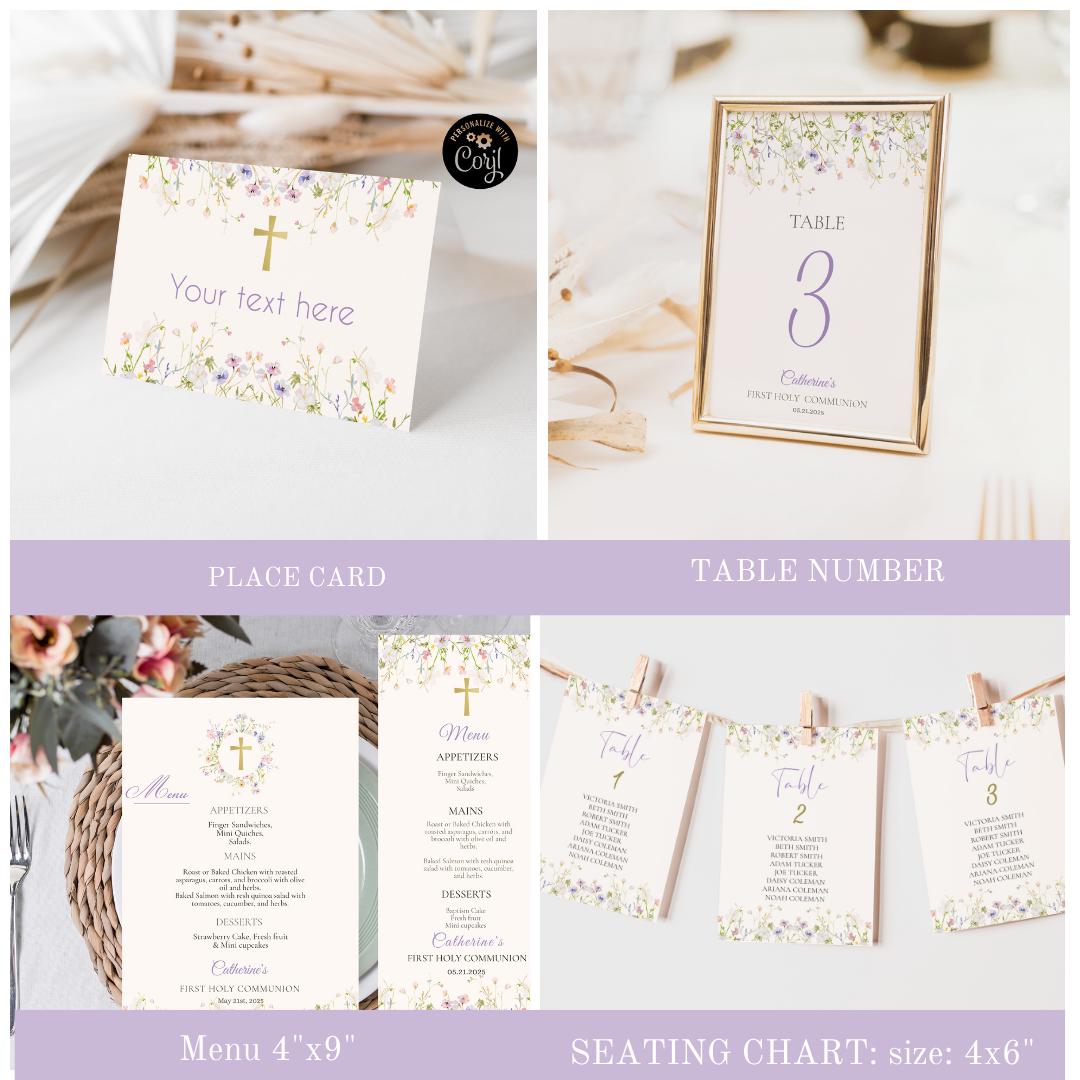 Floral First Holy Communion Menu Template, Editable Wildflower 1st ...