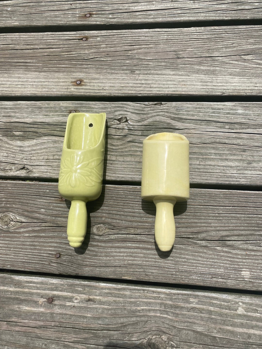 Two Vintage Wall Pocket Planters- Light Green and Pale Yellow Sugar ...