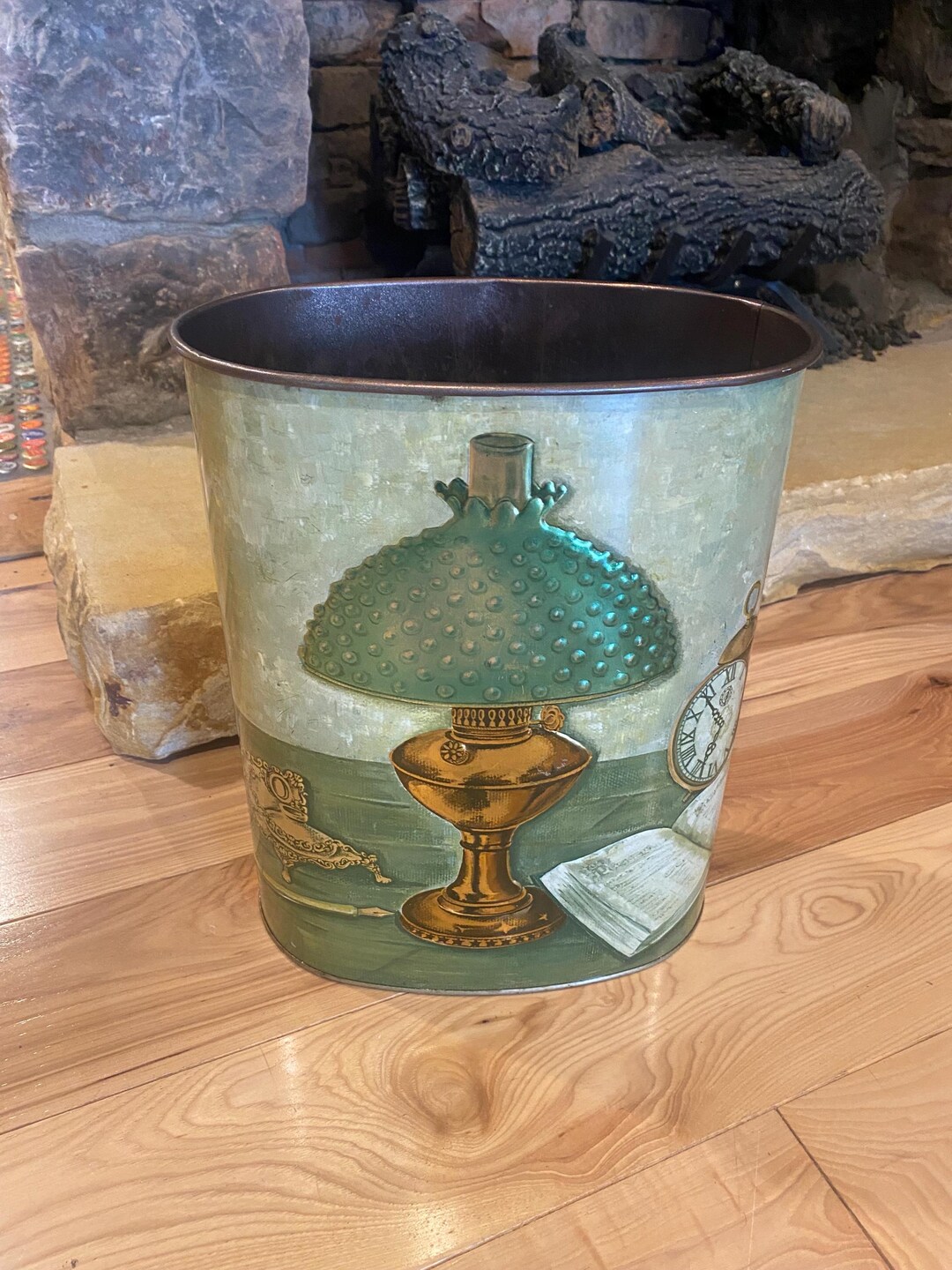 Vintage JL Clark Metal Waste Bin Trash Can- Dimensional Office Motif ...