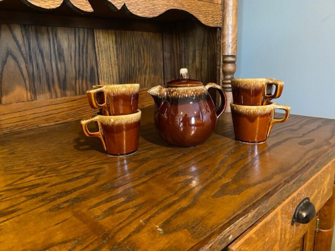Vintage Hull Pottery Brown Drip Glaze Teapot With 4 Cups Mugs - Etsy