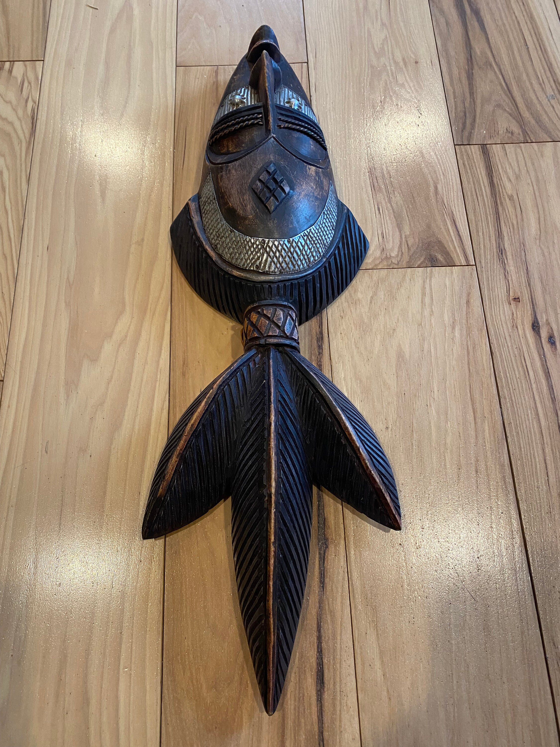 Large Vintage Wood and Metal African Mask Wall Hanging Handcrafted in ...