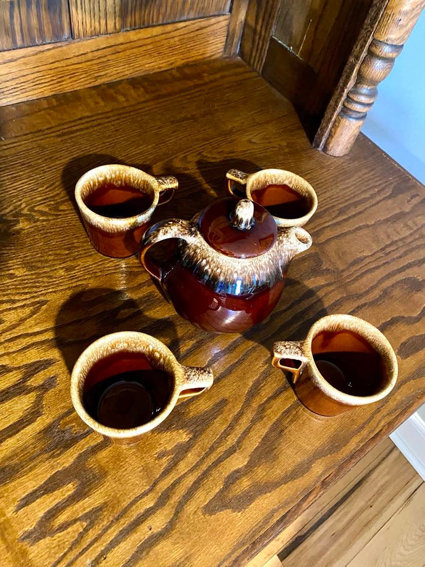 Vintage Hull Pottery Brown Drip Glaze Teapot With 4 Cups Mugs - Etsy