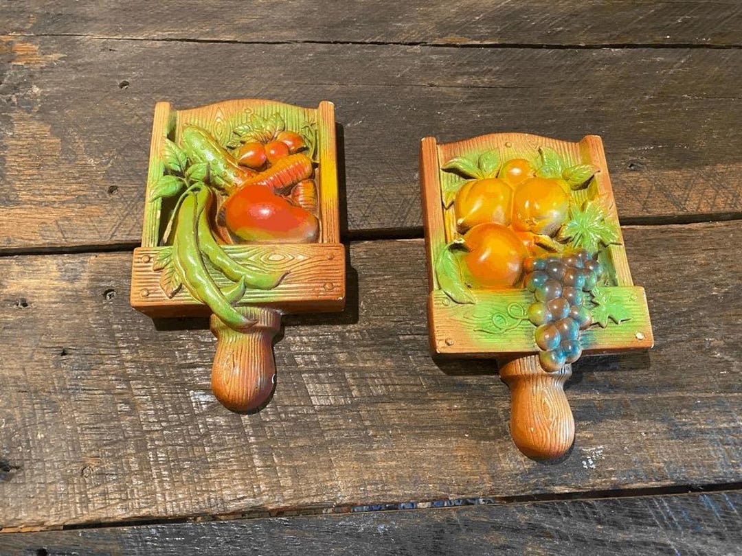 Pair of Vintage Chalkware Fruit and Vegetable 3D Wall Plaques 1968 ...