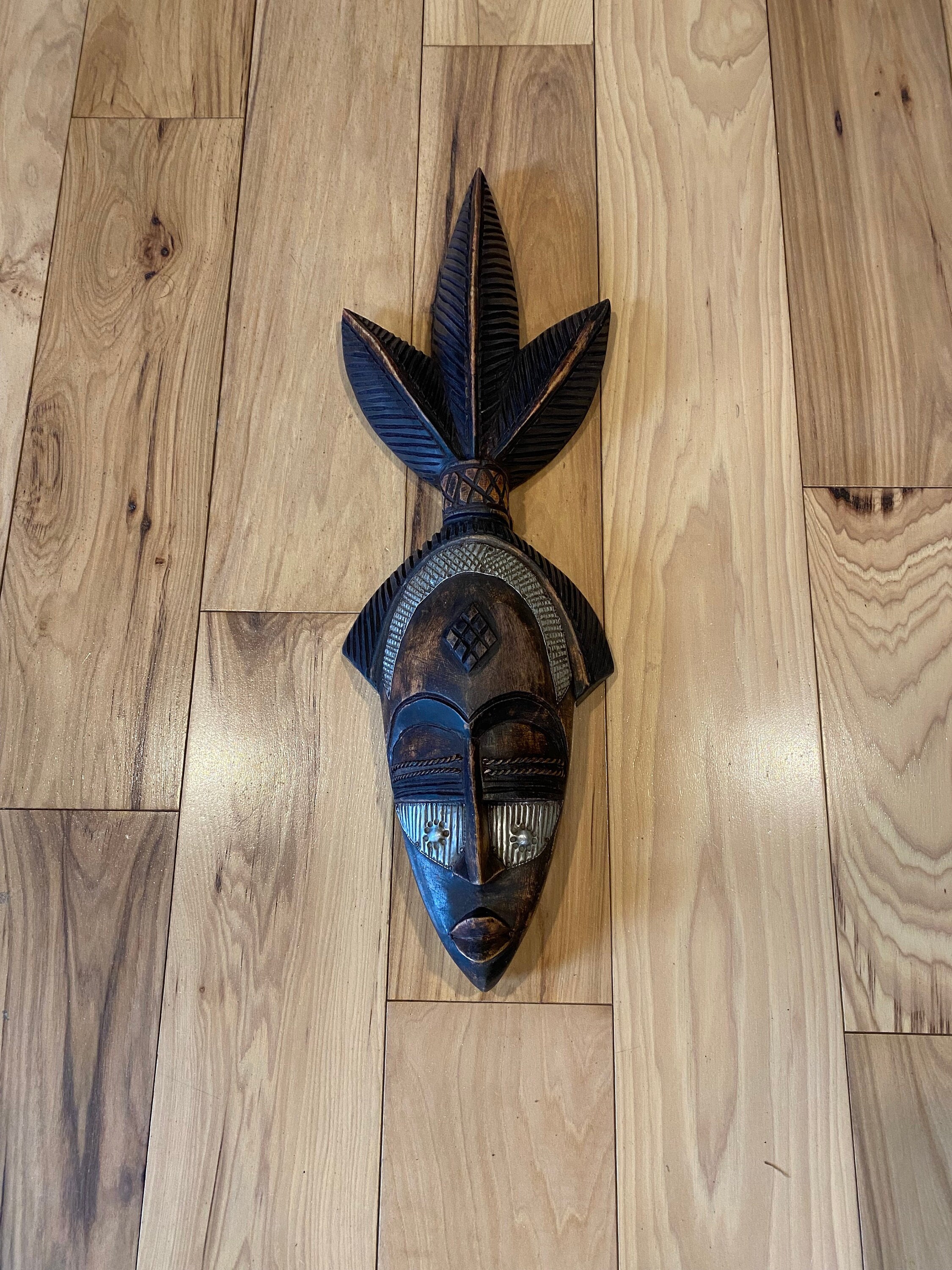 Large Vintage Wood and Metal African Mask Wall Hanging Handcrafted in ...