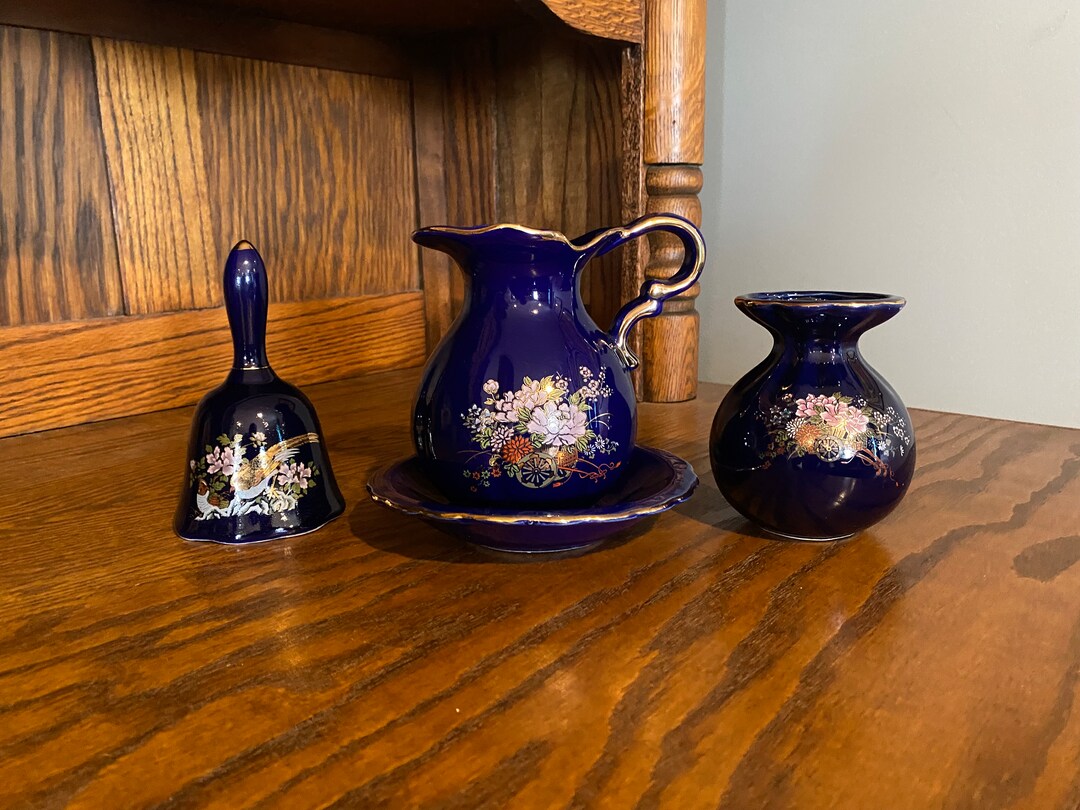 Vintage Japanese Cobalt Blue Pitcher With Saucer, Small Vase and Bell ...