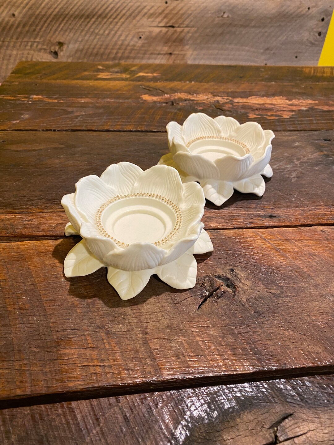 Two Vintage Partylite Magnolia Ceramic Candle Holders- Bisque and Gold ...