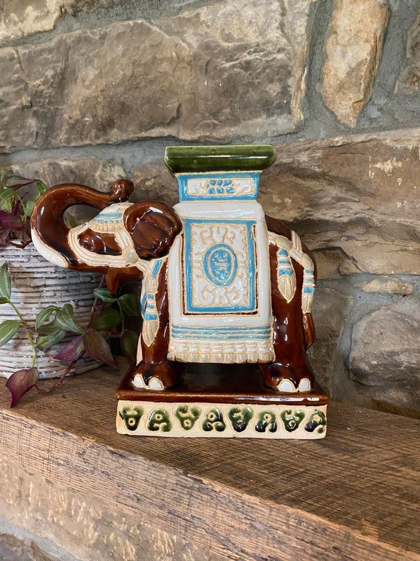 Vintage 1960s-1970s Vietnamese Ceramic Elephant Plant Stand- Brown Blue ...