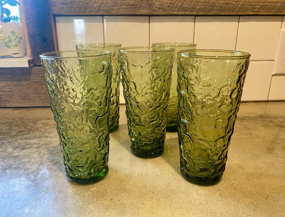 Set of 5 Vintage Anchor Hocking Lido Milano Crinkle Glasses Avocado ...