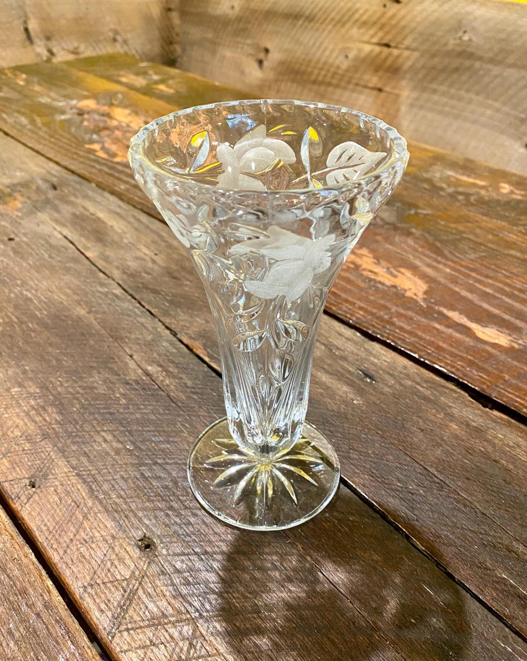 Vintage Bleikristal Etched Glass Crystal Vase- Roses and Leaves- 7 ...