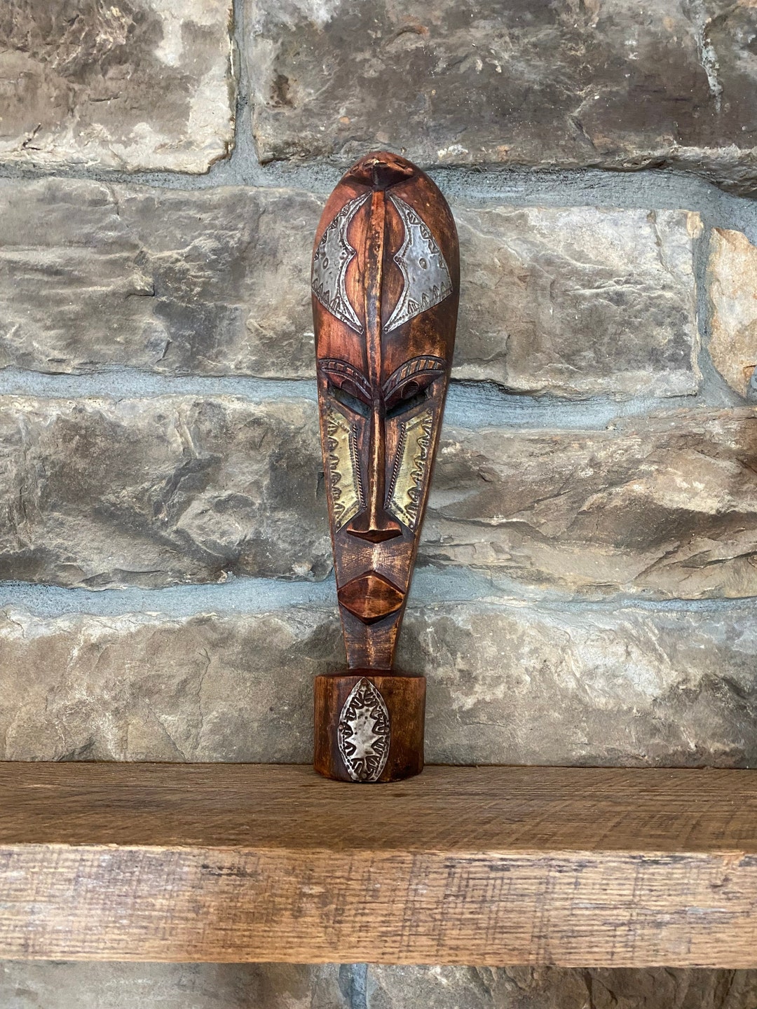 Large Vintage Wood and Metal African Mask Wall Hanging or Tabletop ...