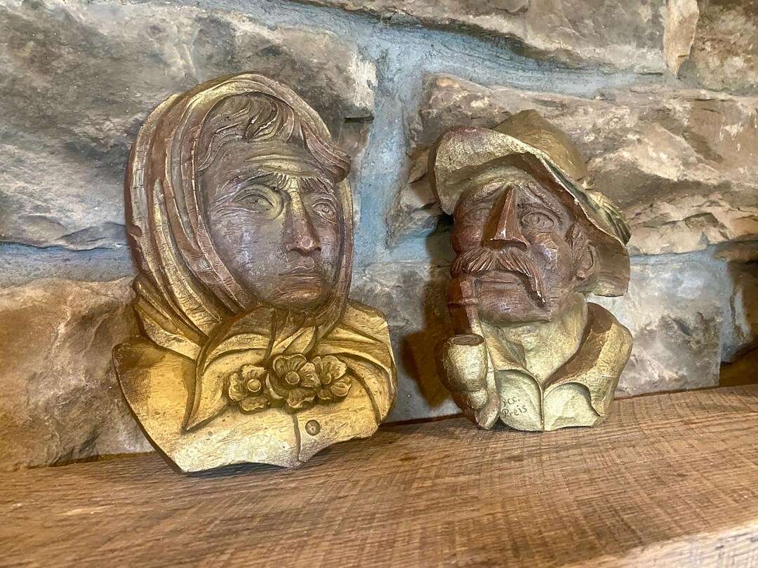 Vintage German Folk Art Wall Hangings- Elderly Man and Woman- Wood Look ...