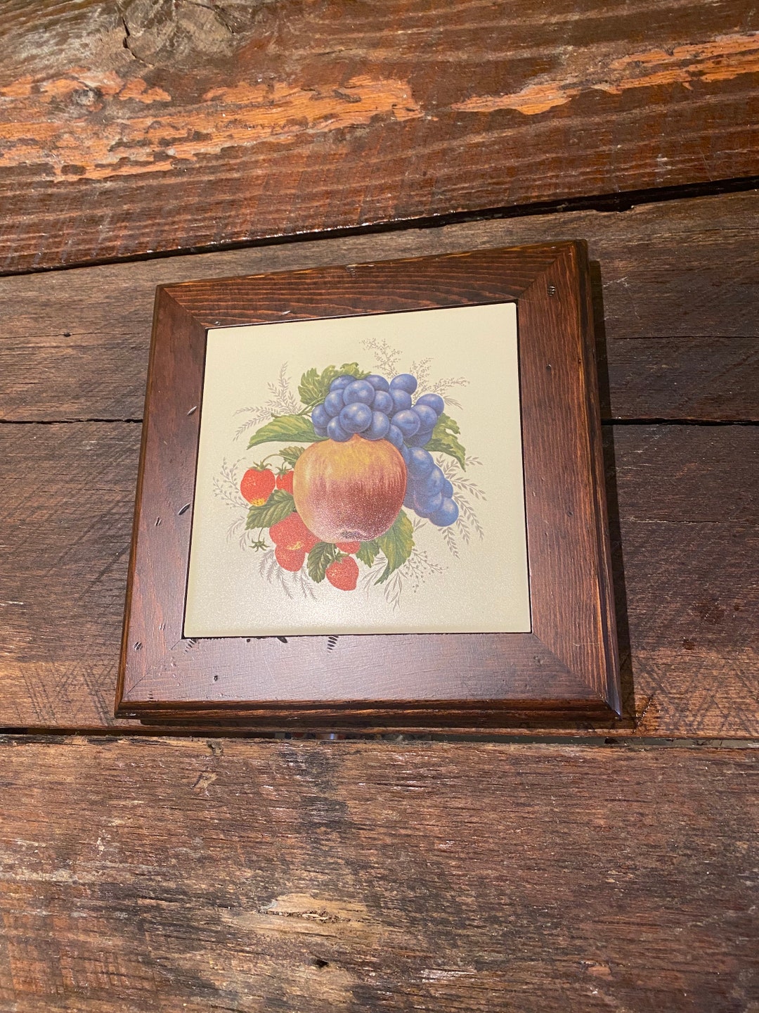 Vintage Fruit Theme Wood Framed Tile Trivet- Wall Mountable Decorative ...