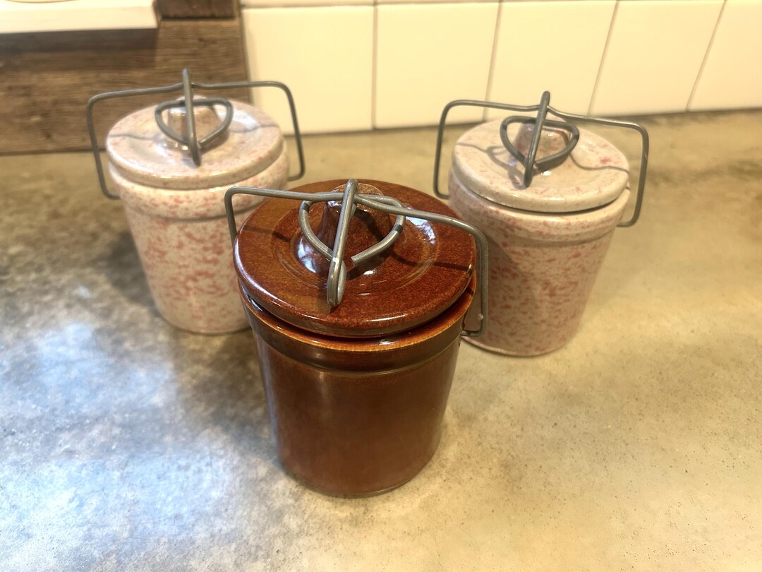 Small Vintage Cheese Butter Crocks With Metal Bail- Pink and Gray ...