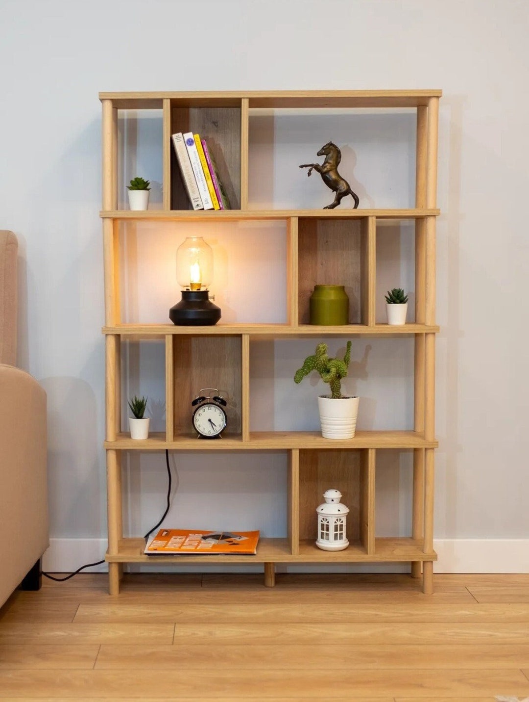 Industrial Low Rise Bookcase With 5 Floors, Wicker Bookcase, Wooden ...