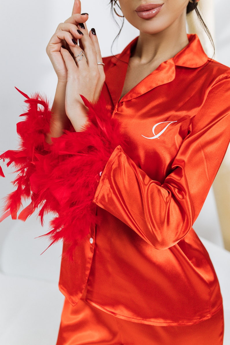 Bridesmaid Custom Silky Pajamas With Feather Custom Satin - Etsy