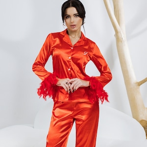 Christmas Pajamas With Feathers, Customized Xmas Satin Pyjamas ...