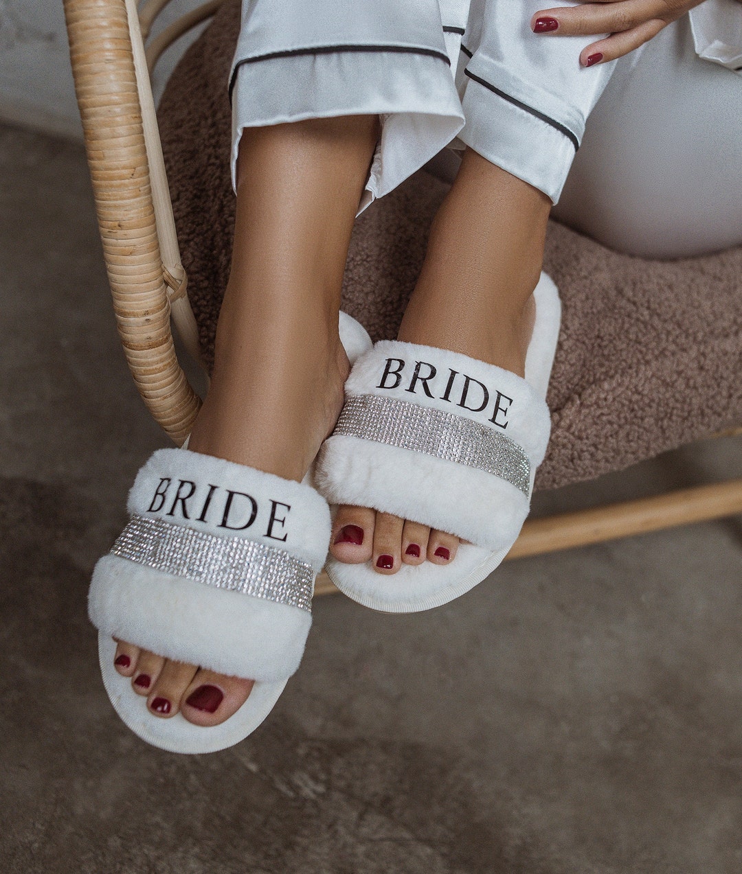 Bride Fluffy Rhinestone Slippers , Mrs Custom Slippers, Wedding ...