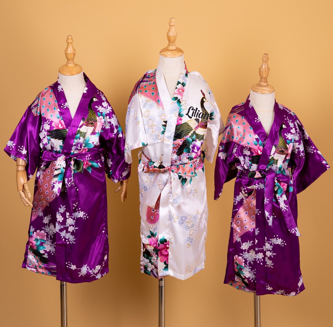 Kids Floral Peacocks Robes, Flower Girl Robes, Floral Print Satin Robes ...