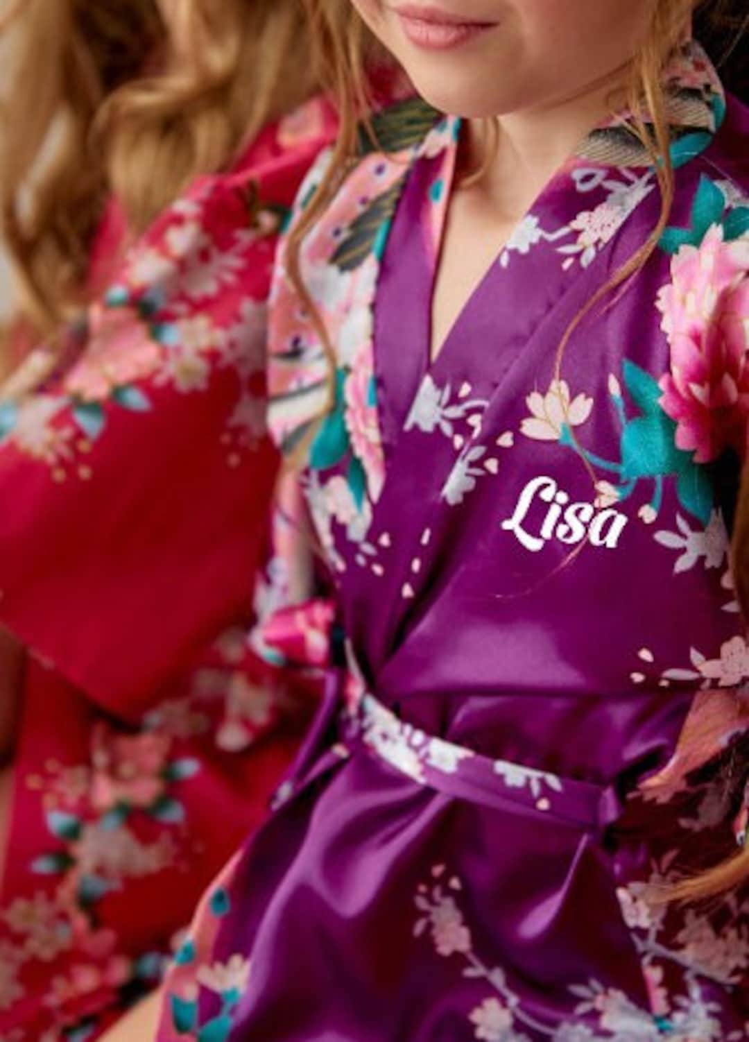 Kids Floral Print Satin Robes, Custom Robes, Kids Satin Kimono, Flower ...