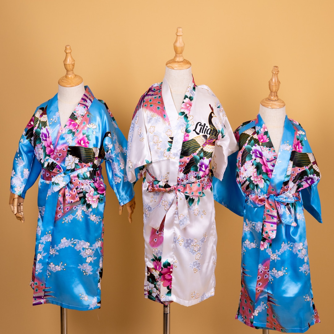 Kids Floral Peacocks Robes, Flower Girl Robes, Custom Robes, Kids Satin ...