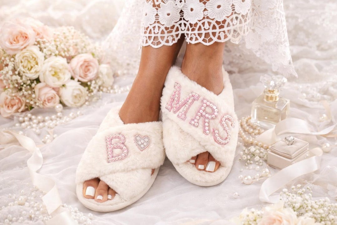 Custom MRS Pearls Slippers, Bride Fluffy Slippers, Custom Bride ...
