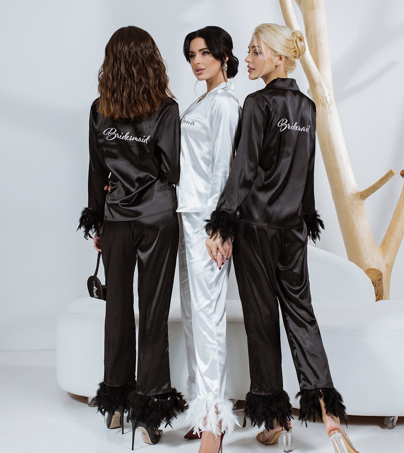Custom Feathers Bridesmaids Pajamas Custom Satin Pjs Etsy