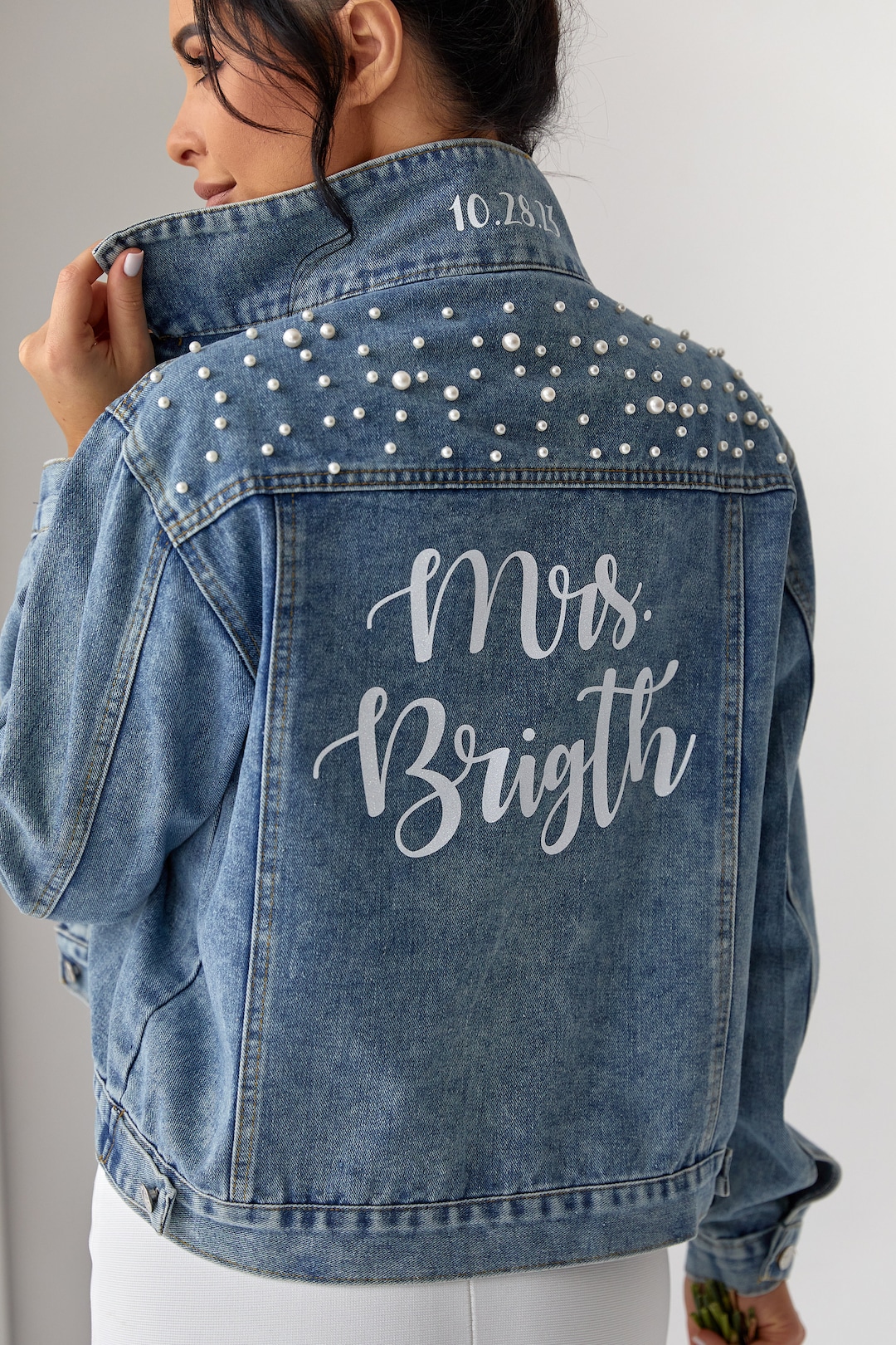 Custom Bridal Denim Jacket With Pearls, Mrs Wedding Jean Jacket, Custom ...