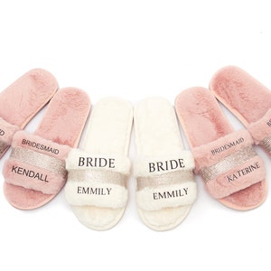 Wedding Slippers, Bride Custom Slippers, Bride Fluffy Rhinestone ...