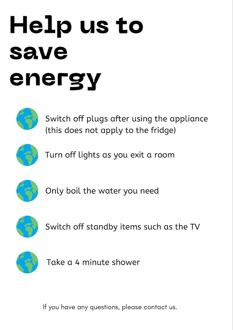 Save Energy Poster | Reduce Consumption | Guest Poster | Holiday Let ...