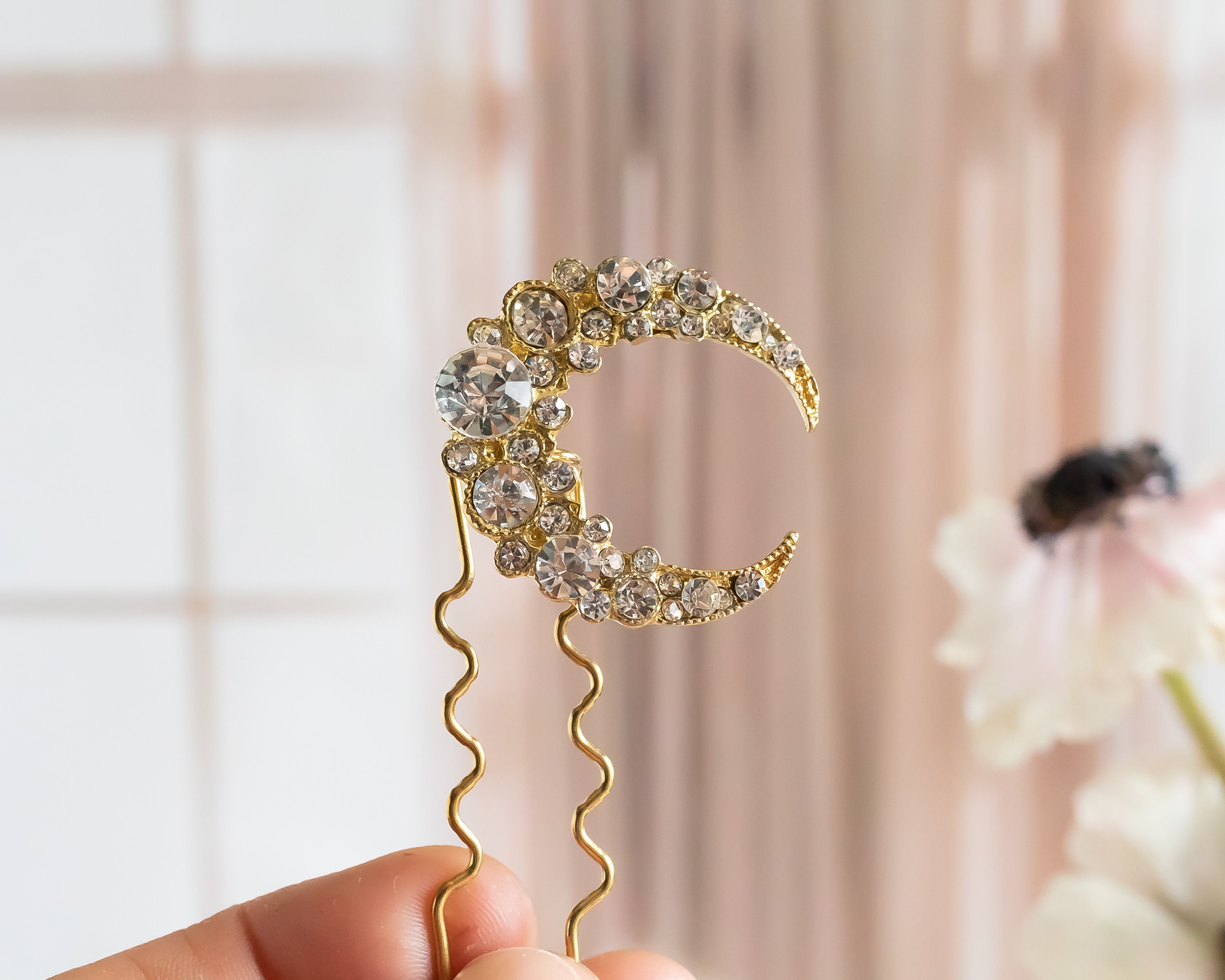 Celestial Gold Bridal Hairpin Set Shiny Crystal Moon & Star Hair ...