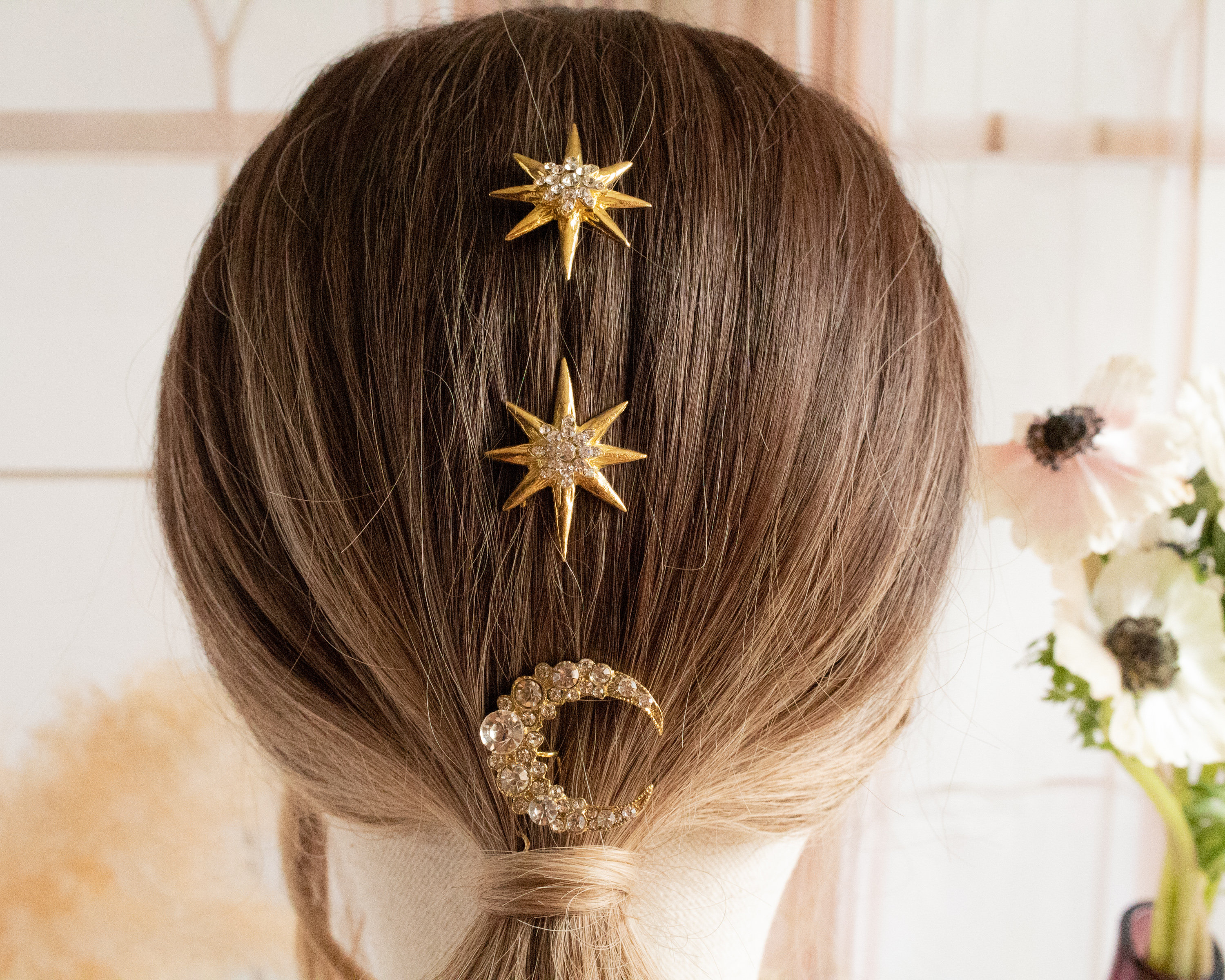 Celestial Gold Bridal Hairpin Set Shiny Crystal Moon & Star Hair ...