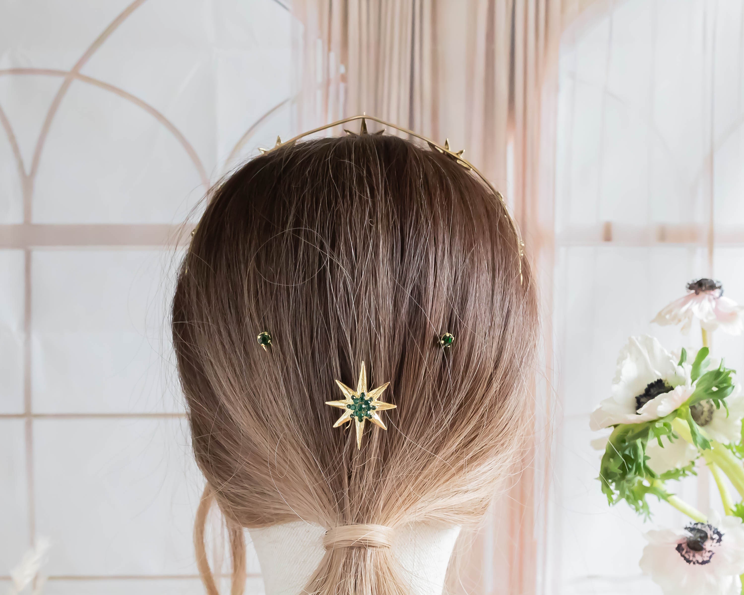 Double Gold Bridal Tiara With Green Crystal Stars, Boho Headpiece Celestial Wedding, Starry ...