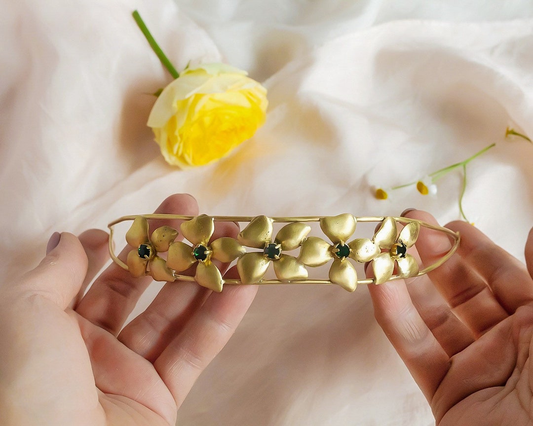 Matte Gold Flower Tiara for Organic Wedding, Raised Flower Tiara ...