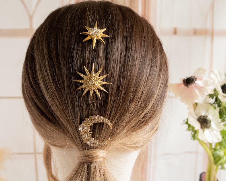 Gold Bridal Hairpins With Stars and Moon, Boho Celestial Crystal ...