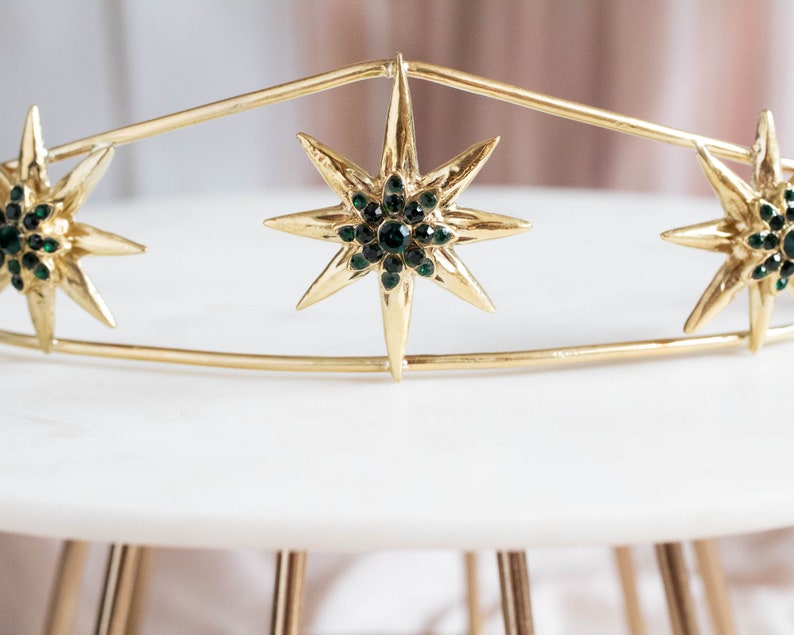 Double Gold Bridal Tiara With Green Crystal Stars, Boho Headpiece Celestial Wedding, Starry ...