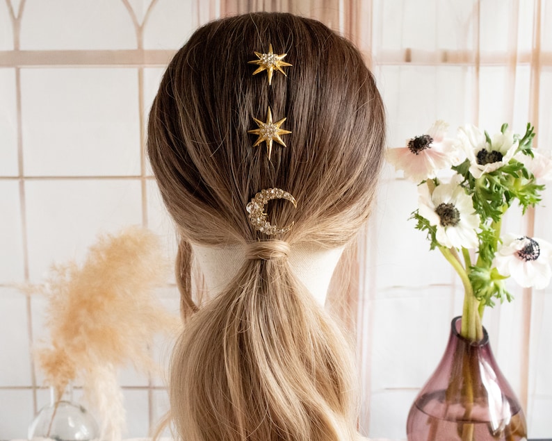 Celestial Gold Bridal Hairpin Set Shiny Crystal Moon & Star Hair ...