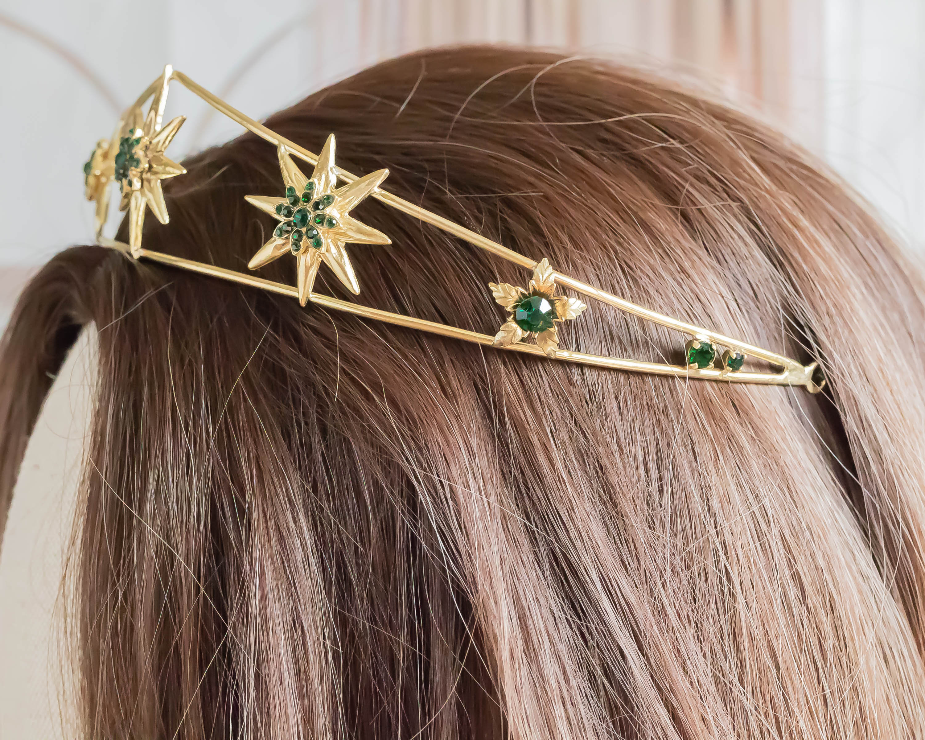 Double Gold Bridal Tiara With Green Crystal Stars, Boho Headpiece Celestial Wedding, Starry ...