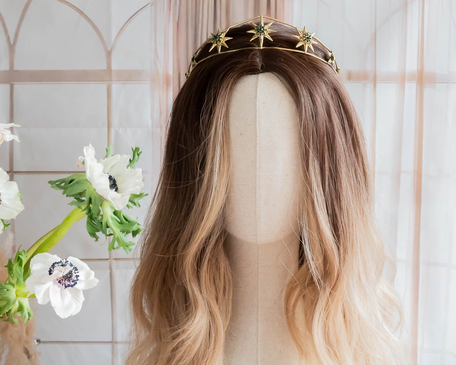 Raised Bridal Crown of Stars and Crystals, Delicate Floating Golden ...