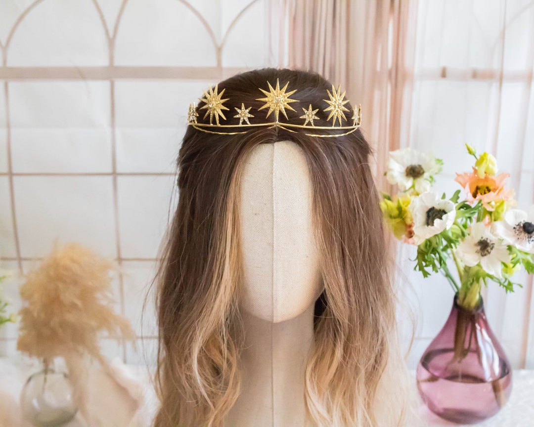 Crystal Stars Crown for Bride, Celestial Gold Double Tiara, Delicate ...