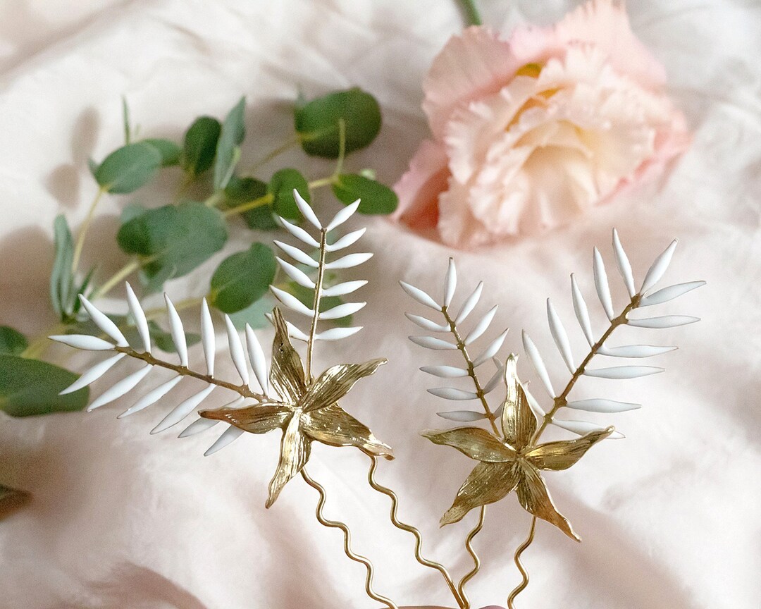 Gold Fern Leaves Hair Pins, Jazmine Flowers Hair Pins, Leaf and Flower ...
