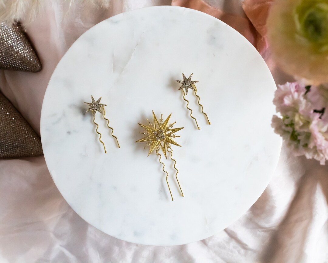Gold Star Hairpin for Boho Bridal, Set of 3 Celestial Hair Clip With ...