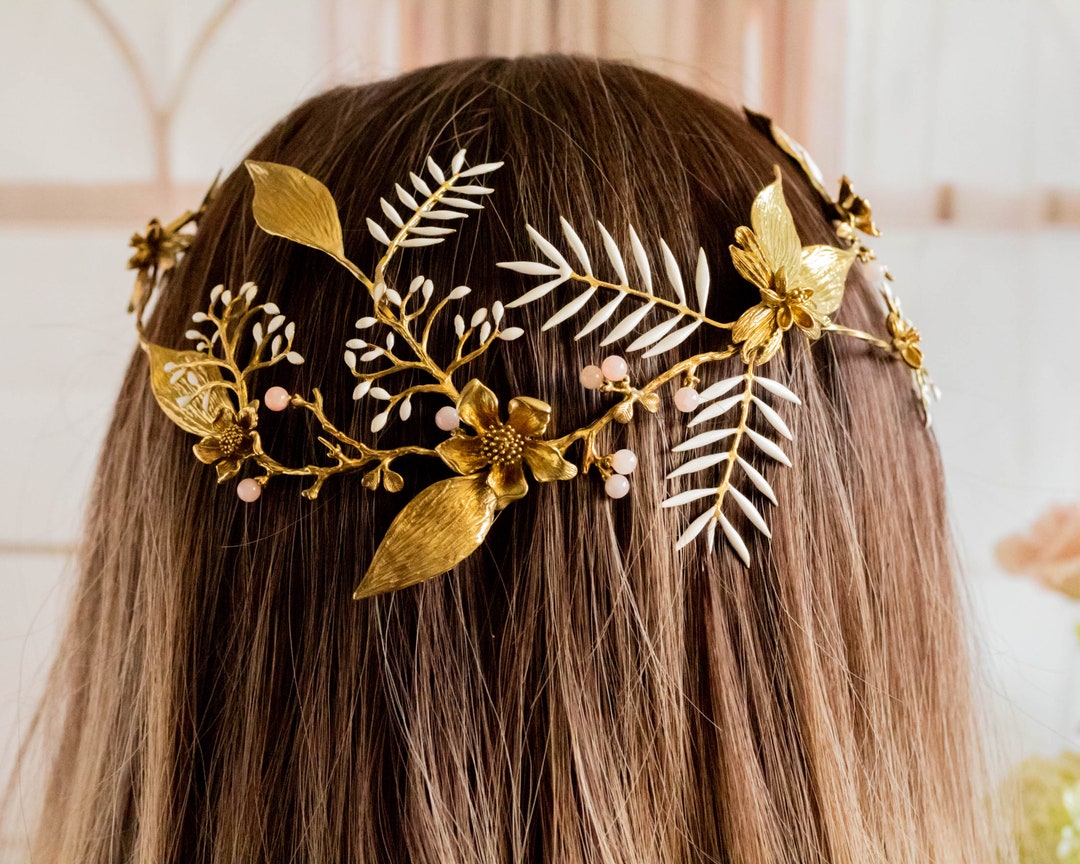 Floral Crown With Gold and White Leaves, Gold Vine Hair Headpiece for ...