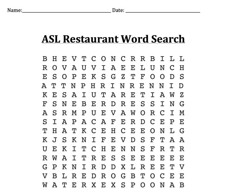 ASL Word Search: Restaurant Theme (2 Pages) - Etsy
